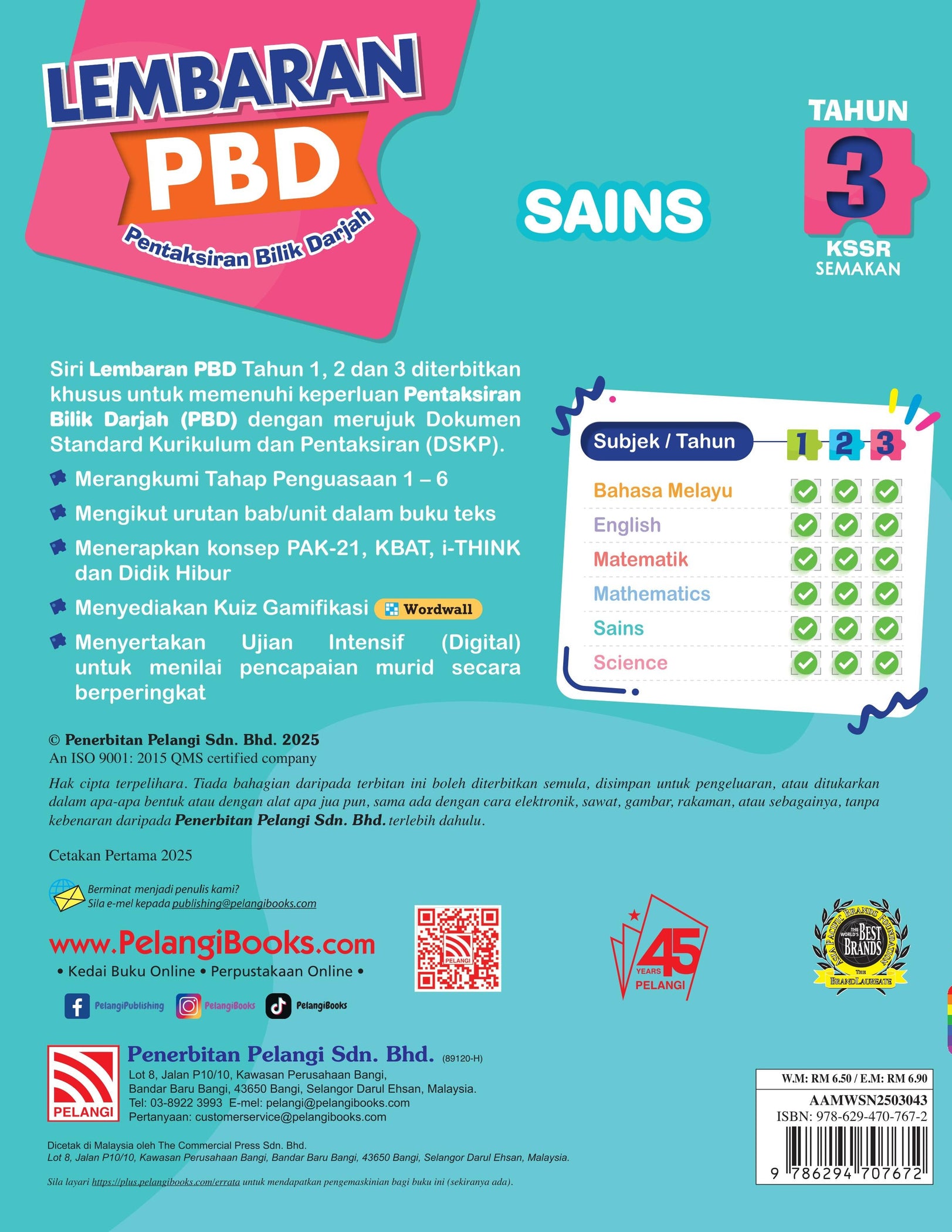 Lembaran PBD KSSR 2025 Sains Tahun 3 — Pelangi Books